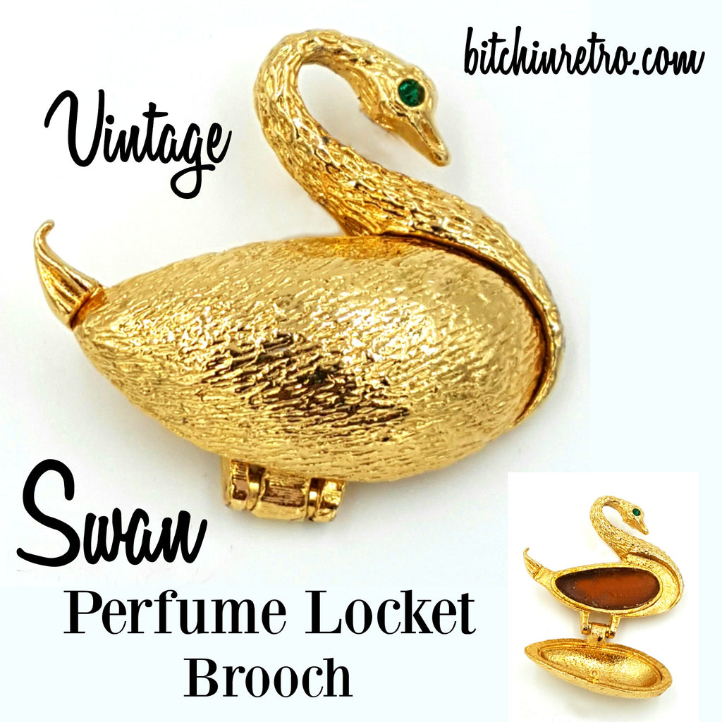 Vintage Swan Perfume Compact or Secret Compartment Brooch | Bitchin Retro