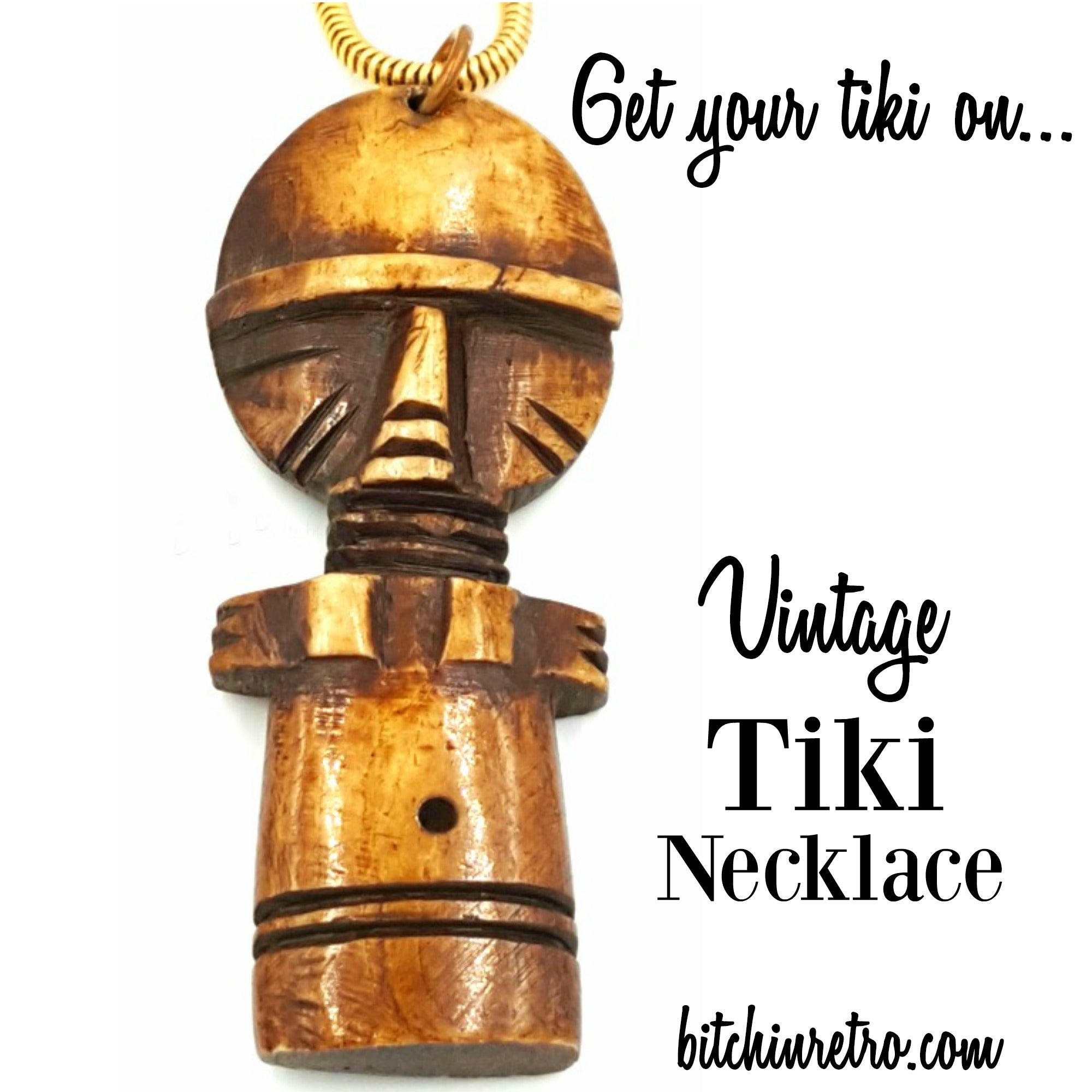 Vintage Tiki Totem Necklace with Wooden Pendant On Snake Chain ...