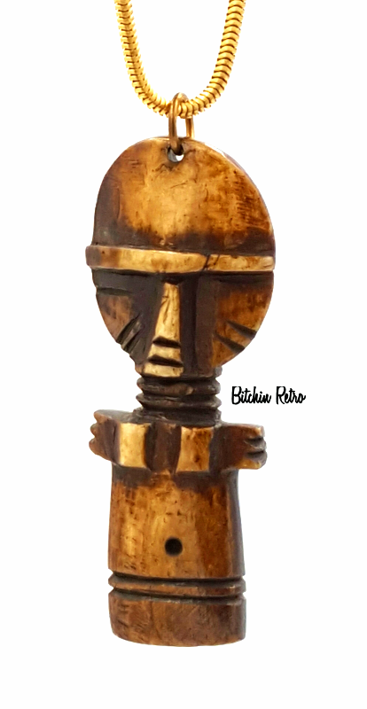 Vintage Tiki Totem Necklace with Wooden Pendant On Snake Chain ...