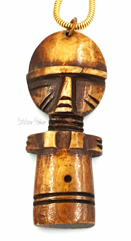 Vintage Tiki Totem Necklace with Wooden Pendant On Snake Chain ...