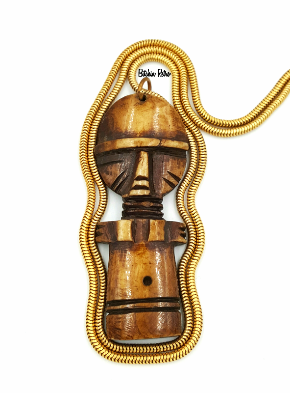 Vintage Tiki Totem Necklace with Wooden Pendant On Snake Chain ...